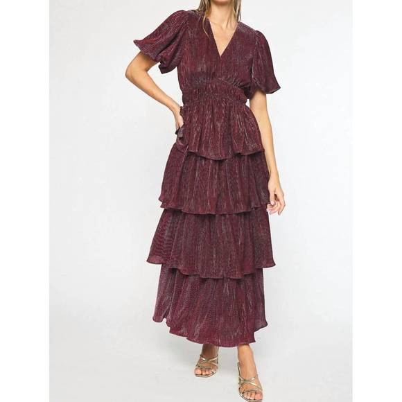 entro | Dresses | New Entro Puff Sleeve Maxi Dress In Metallic Sangria ...